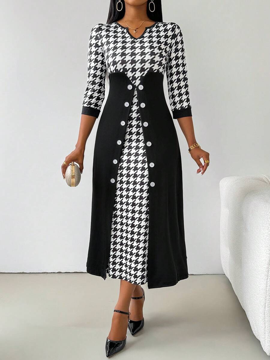 SHEIN Lady Women's Elegant Colorblock Houndstooth 2 In 1 Dress, Spring ...