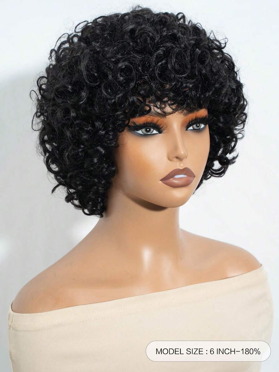 Kurze Afro Locken-Perücke aus Echthaar, lockige Perücke mit Pony ...