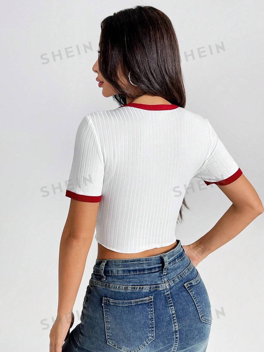SHEIN ICON Y2k Dopamine Dressing Spider Embroidery Contrast Trim Crop ...