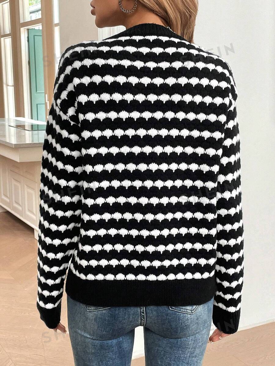 SHEIN LUNE Women's Elegantly Casual Open Front Knit Cardigan With Black & White Striped Buttons ...