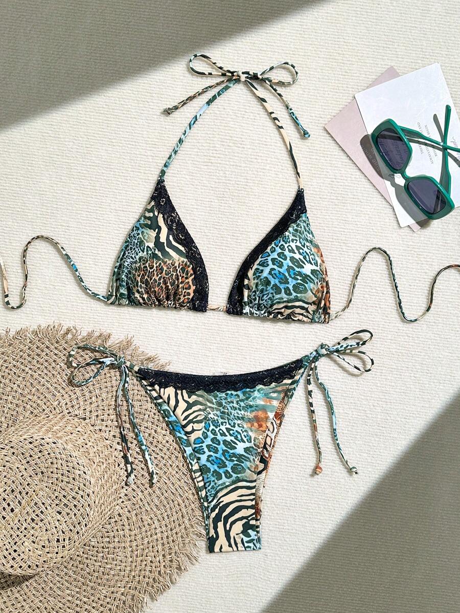 Swim Vcay 2025 Summer Beach Lace & Random Print Patchwork Halter Neck ...