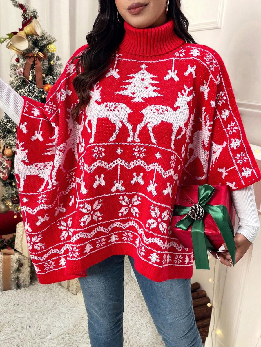 SHEIN LUNE Plus Size Women's Red & White Reindeer & Snowflake Christmas ...