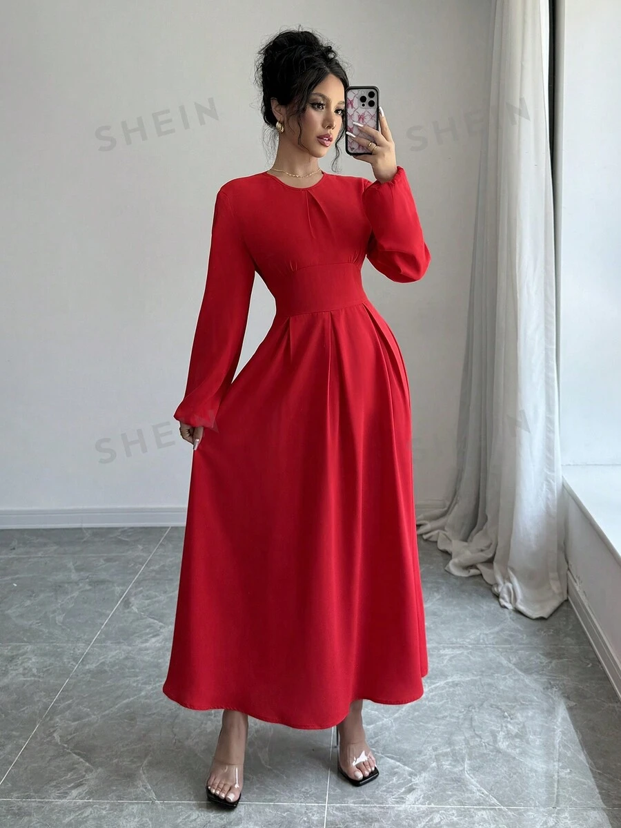 SHEIN Privé Women's A-Line Pleated Long Sleeve Dress | SHEIN UK