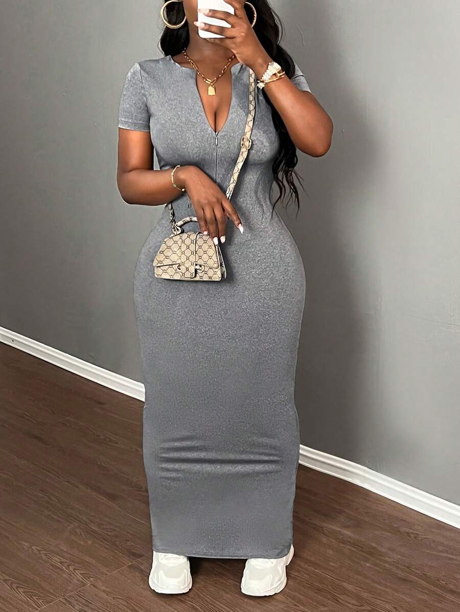 Slaydiva Summer Simple Basic Casual Round Neck Front Zipper Short ...