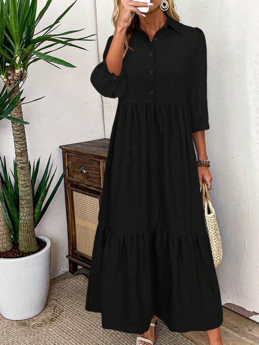SHEIN LUNE Women's Vacation Casual Solid Color Long Shirt Dress Maxi ...