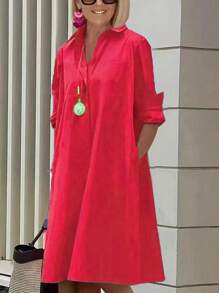 Women's Solid Color Turn-Down Collar Dress With Pocket, Summer Casual ...