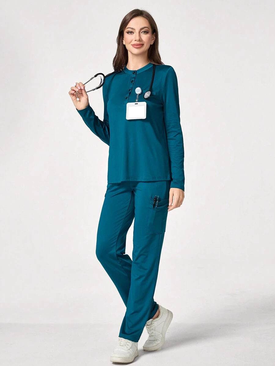 SHEIN TaskFit Women's Solid Color Button Half-Placket Long Sleeve Top ...