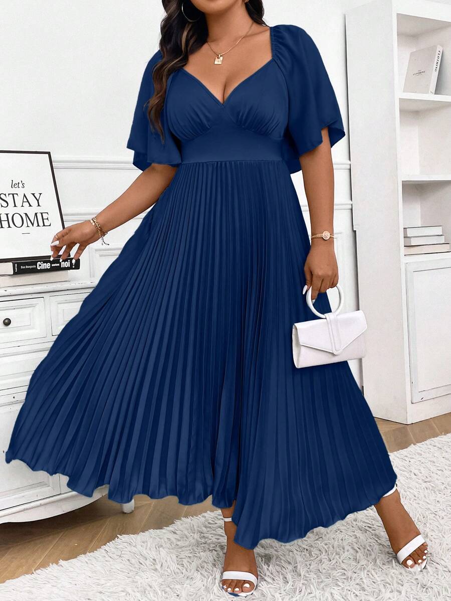 Cravure Plus Size Women Lady Sweetheart Neck Pleated Mid-Length Elegant ...