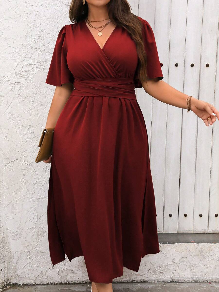 Celure Plus Size V-Neck Cross Wrap High Slit Short Sleeve Dress ...