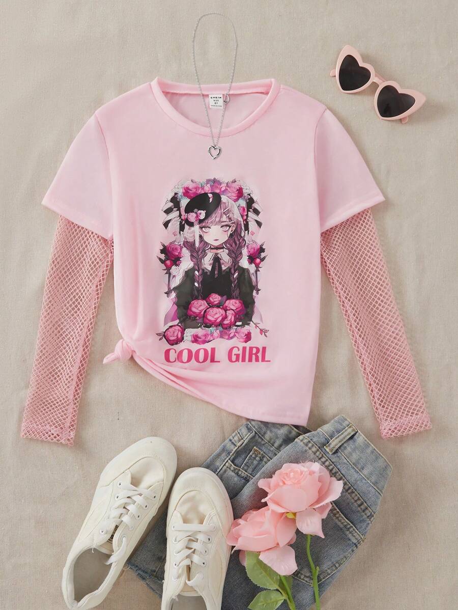 SHEIN Tween Girls Dark Gothic Anime Style Mesh Panel Long Sleeve T ...