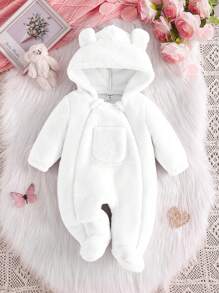 SHEIN Baby Girl Fluffy Ear Pocket Hooded Long Sleeve Pajama Romper ...