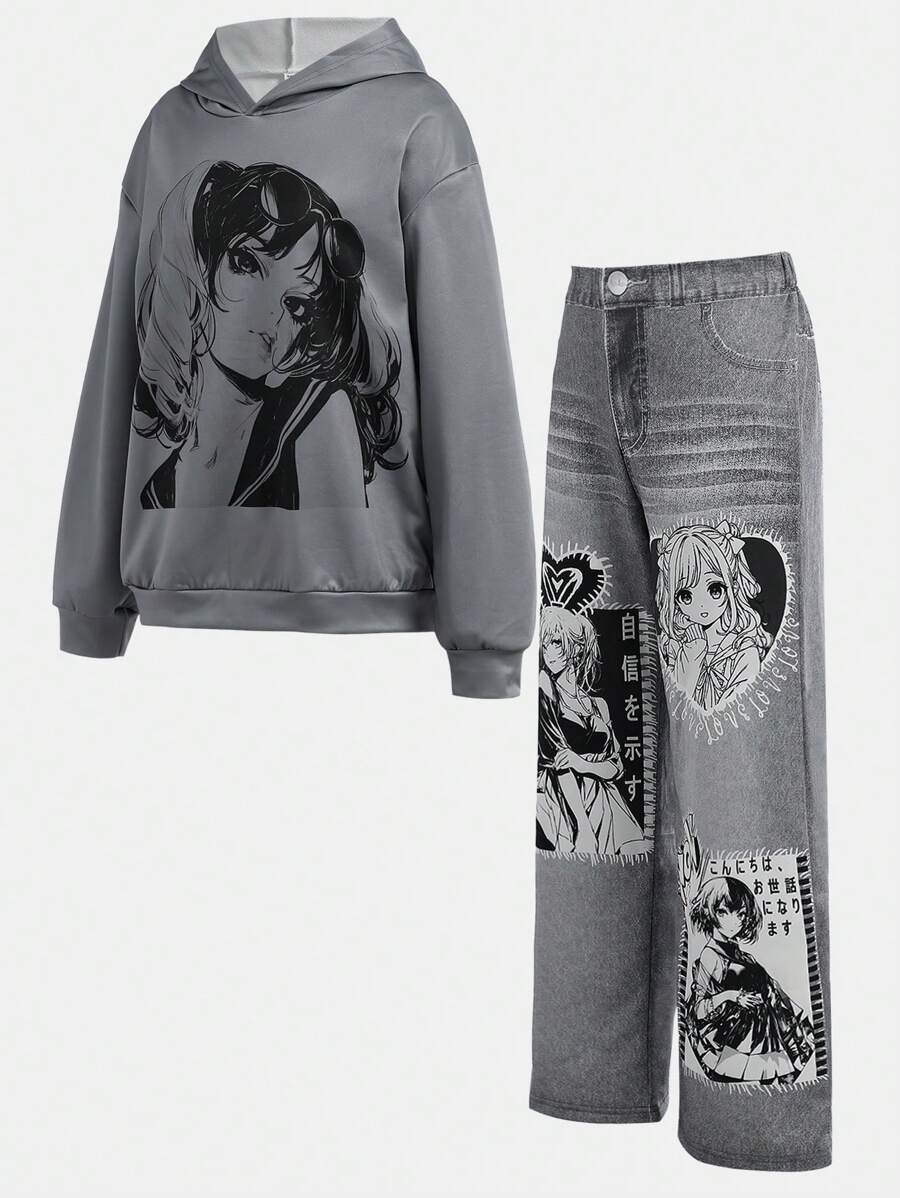 SHEIN 2pcs/Set Teen Girls Anime Girl Graphic Hoodie And Sweatpants ...