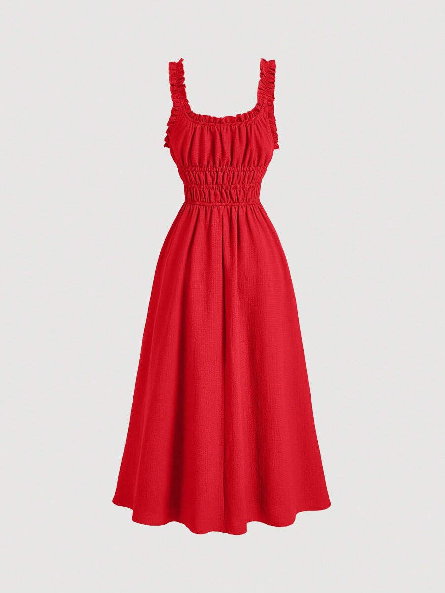 SHEIN MOD Red Ruffled Bow Long Dress, Fall Wedding Guest Dress ...