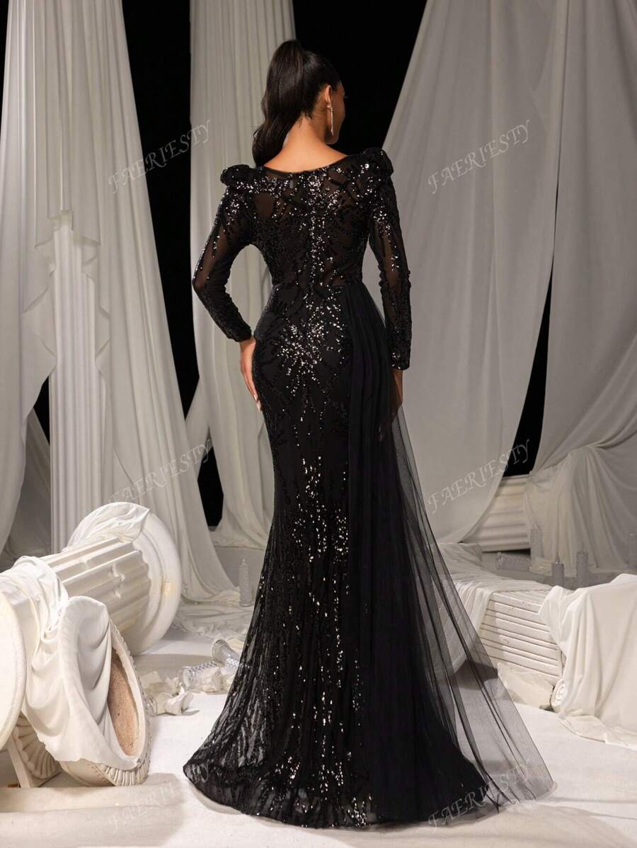 Faeriesty Sequin Mermaid Hem Formal Dress, Black Elegant Long Sleeve Prom Evening Gown, For ...