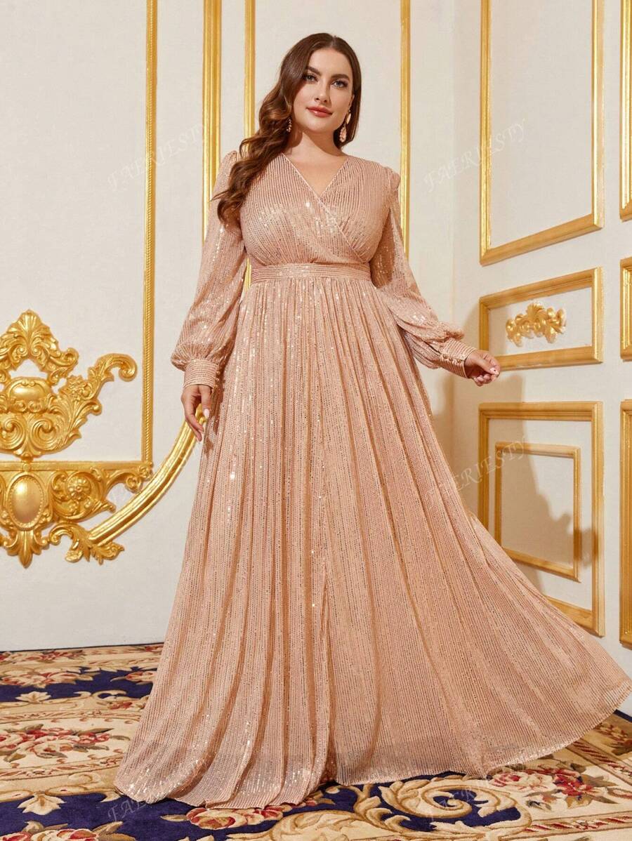 Faeriesty Plus Surplice Neck Lantern Sleeve Sequin Formal Dress Elegant Long Sleeve Prom Evening ...