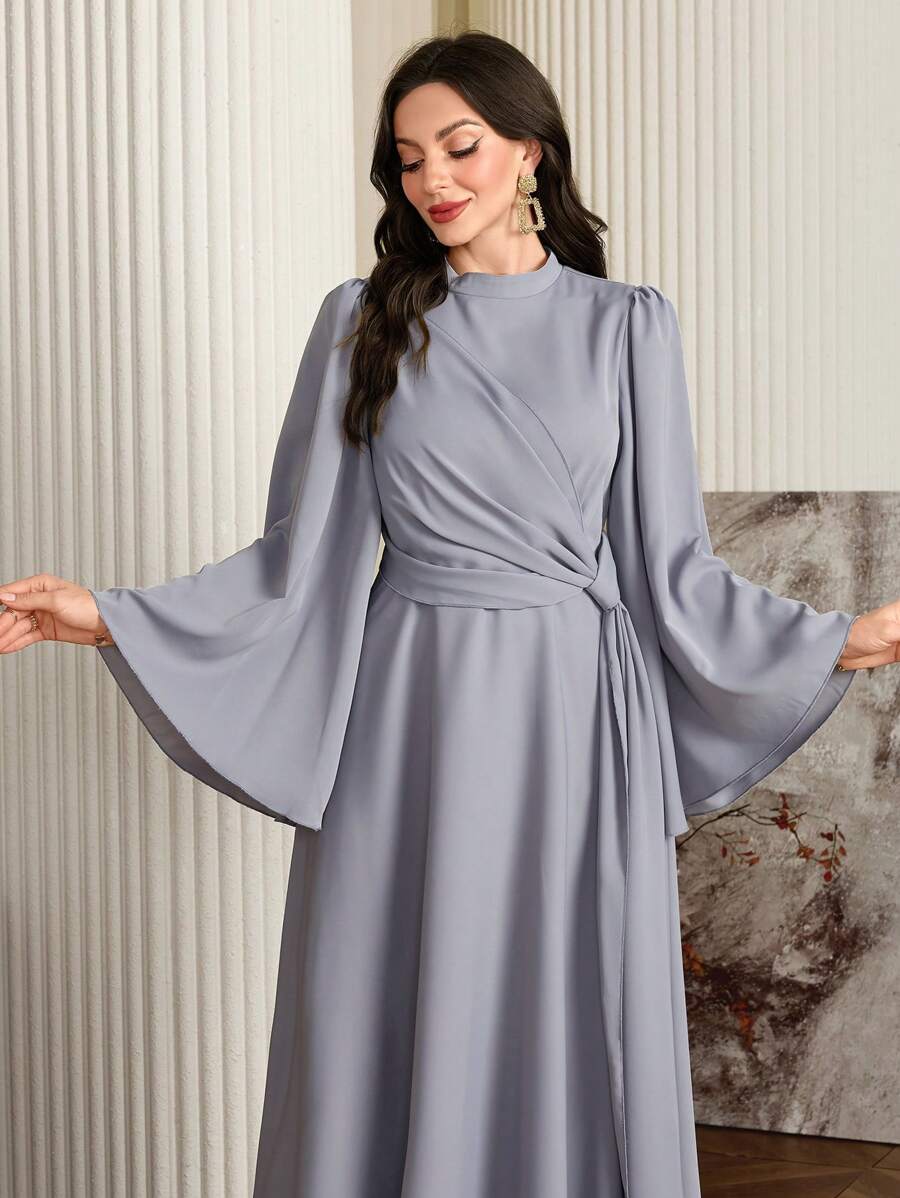 Modelyn Women's Elegant Solid Color Stand Collar Flare Sleeve Draped Side Modest Long Sleeve ...