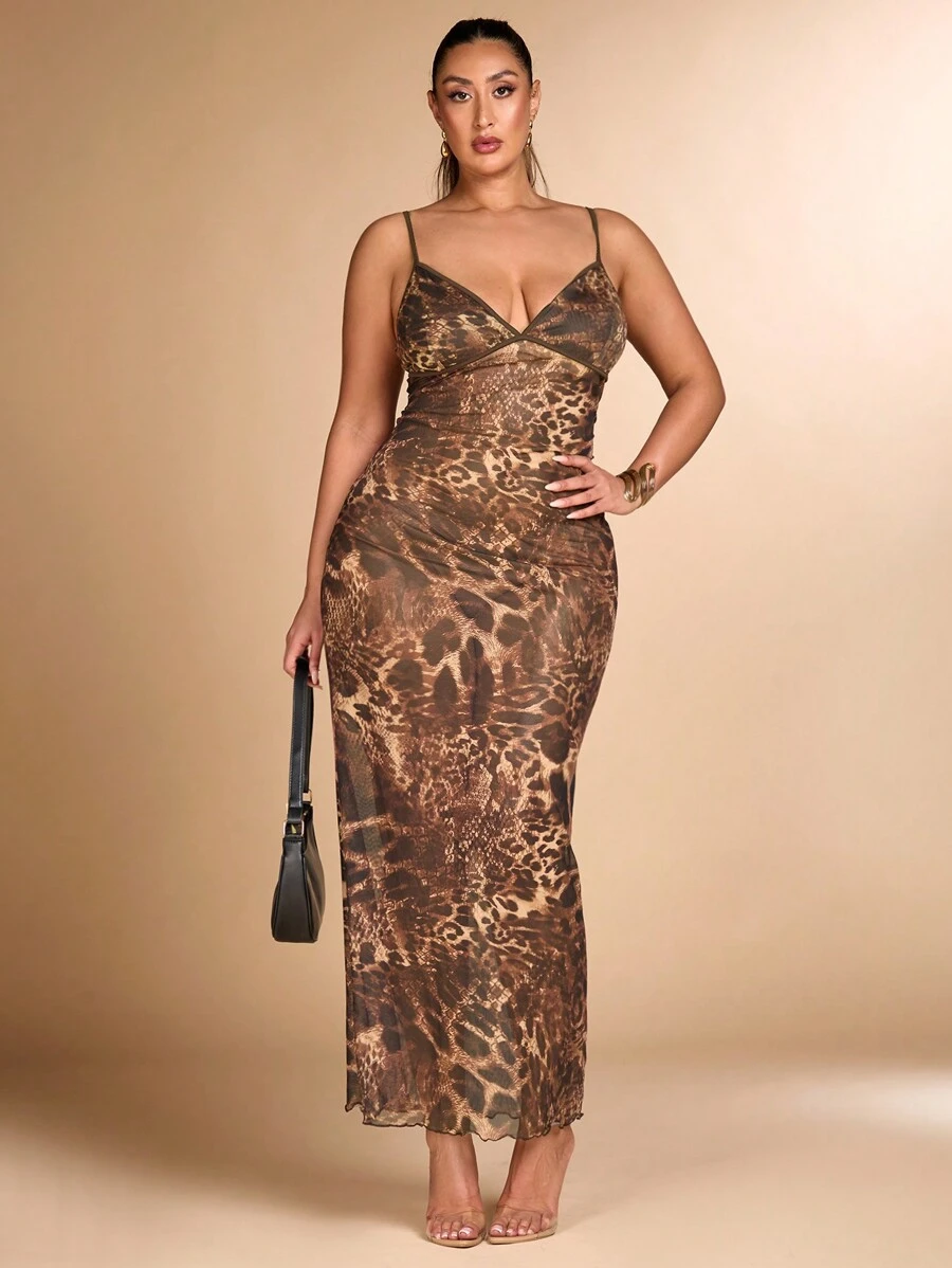 SHEIN BAE Plus Size Women Sexy Sheer Leopard Print Dress Spaghetti Strap Vacation Dress,Birthday ...