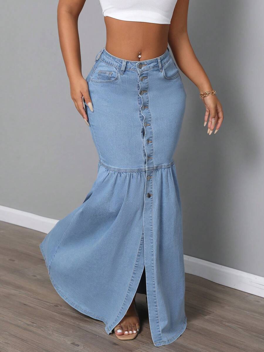 SHEIN SXY Women's Elegant Long Denim Skirt With Side Pockets And High ...