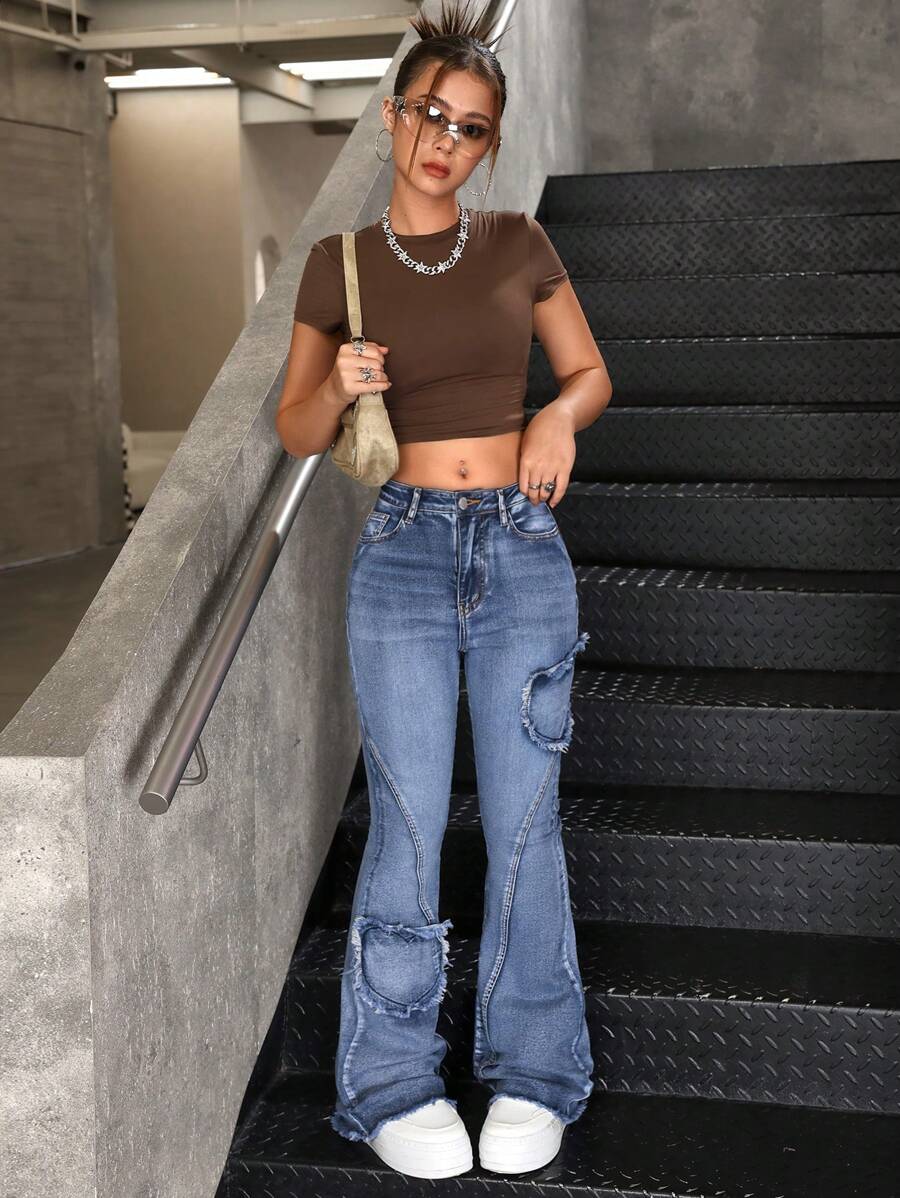 SHEIN Teen Girls' Y2K Retro Washed Heart Shaped Patchwork Flared Jeans ...