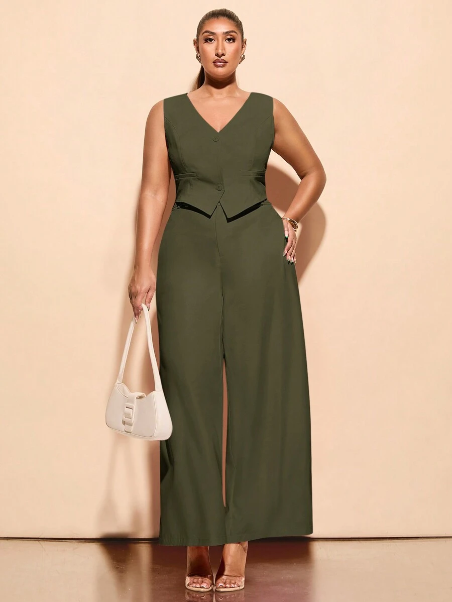 SHEIN BAE Curve Plus Size Women's Single-Breasted Suit Vest And Pants ...
