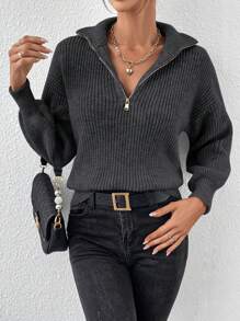 SHEIN Frenchy Halbzipper Dropped-Shoulder Pullover mit Maserung für ...