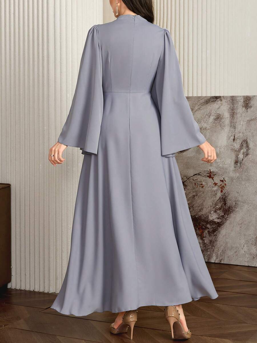 Modelyn Women's Elegant Solid Color Stand Collar Flare Sleeve Draped Side Modest Long Sleeve ...