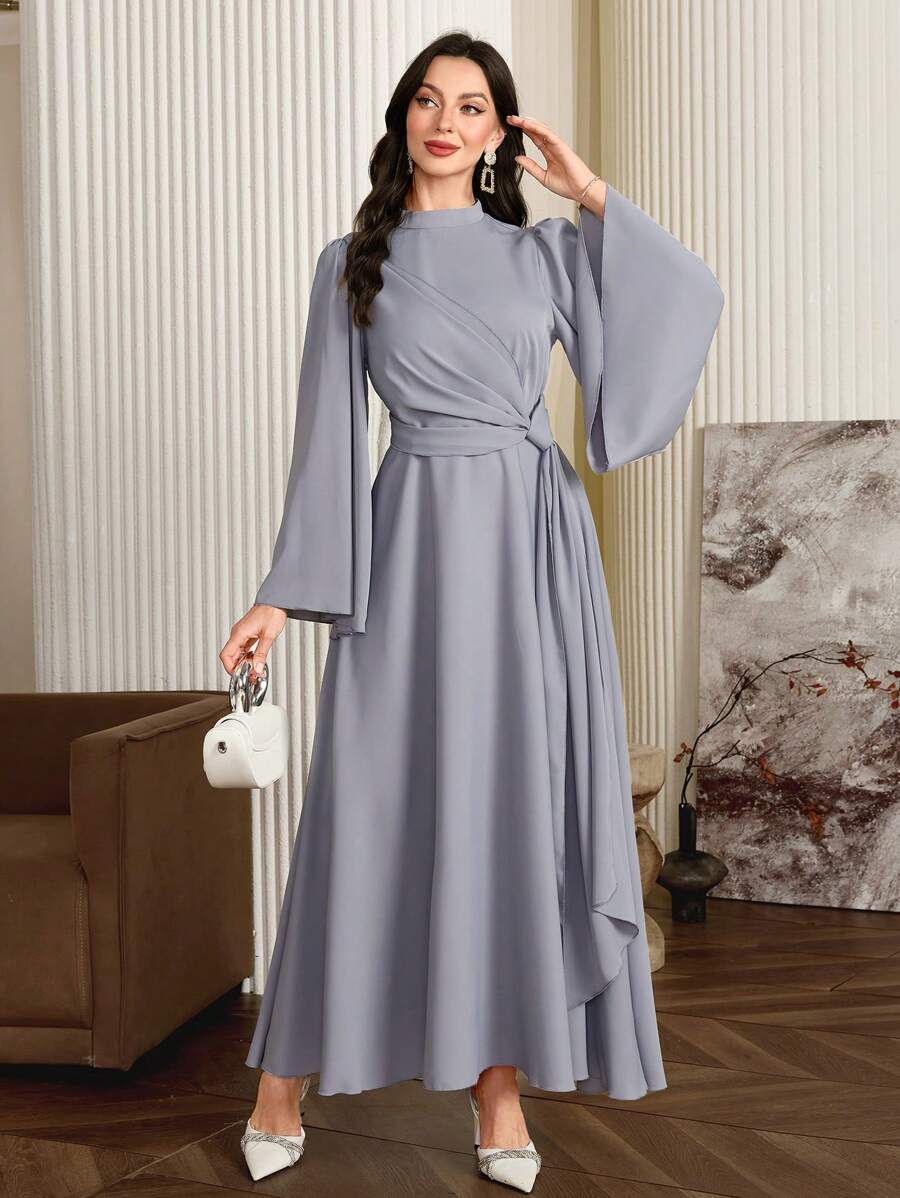 Modelyn Women's Elegant Solid Color Stand Collar Flare Sleeve Draped Side Modest Long Sleeve ...