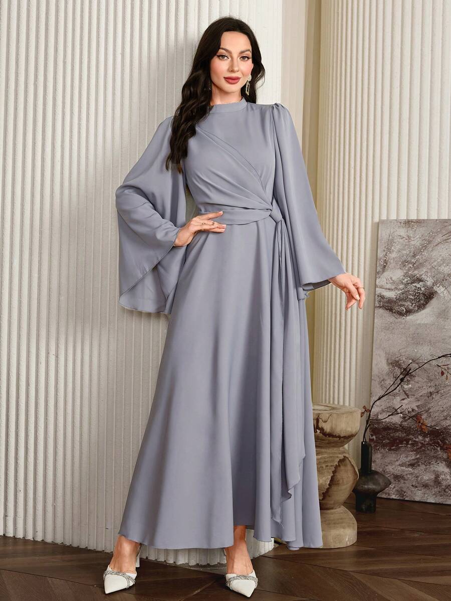 Modelyn Women's Elegant Solid Color Stand Collar Flare Sleeve Draped Side Modest Long Sleeve ...