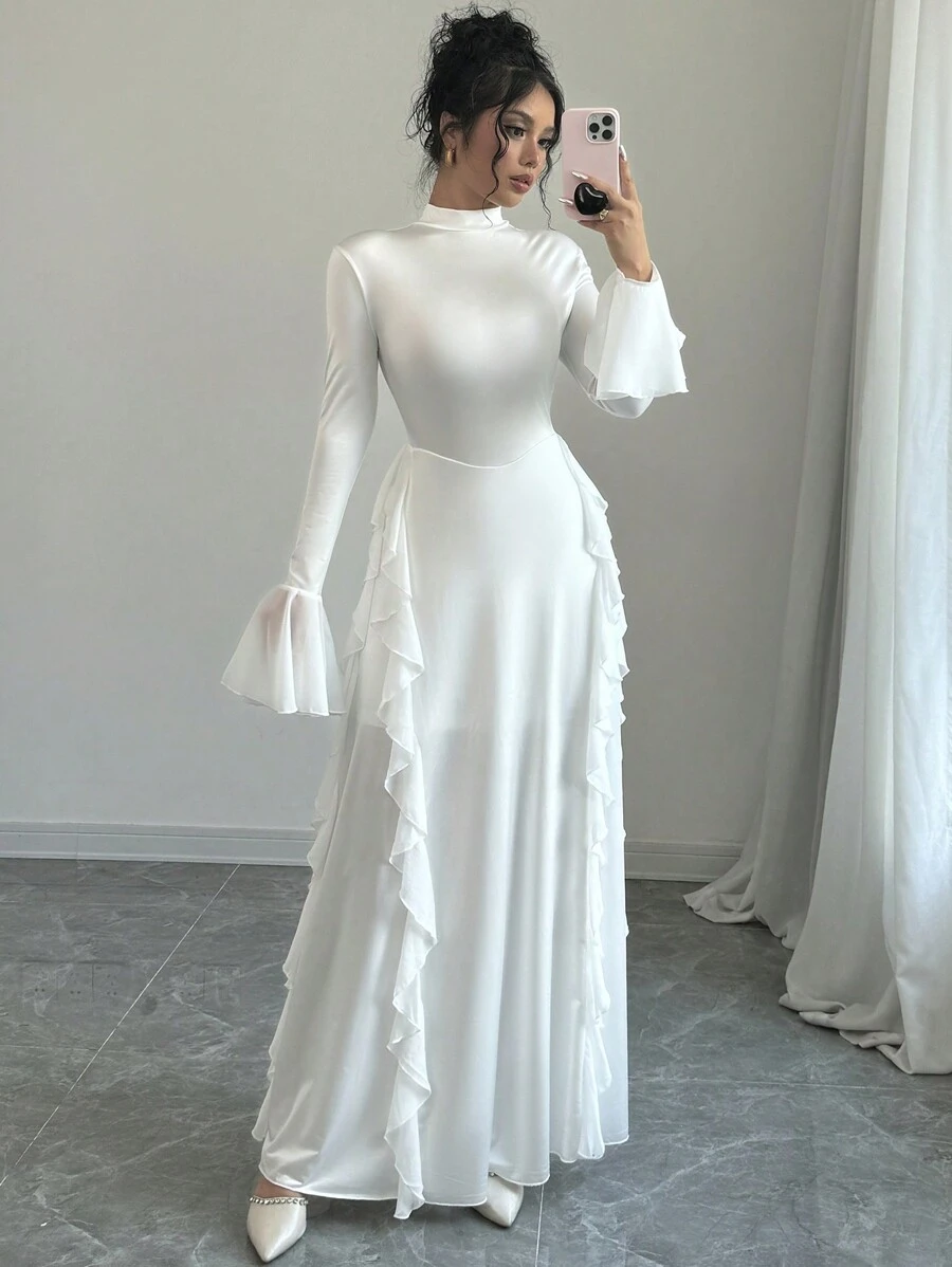 Firerie Women's Romantic Elegant White High Collar Ruffle Trim Extra ...