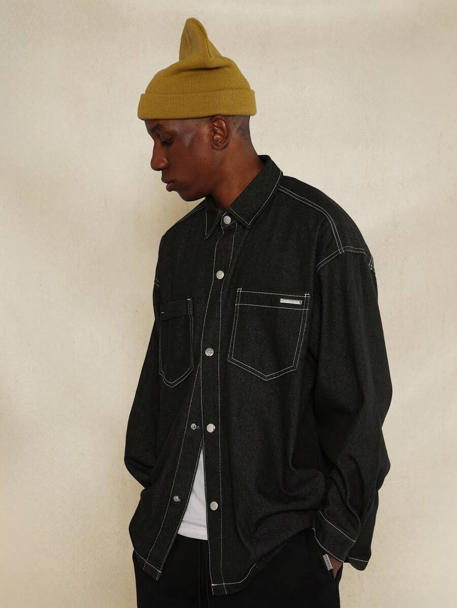 SUMWON Oversized Fit Denim Shirt With Contrast Stitching | SHEIN USA