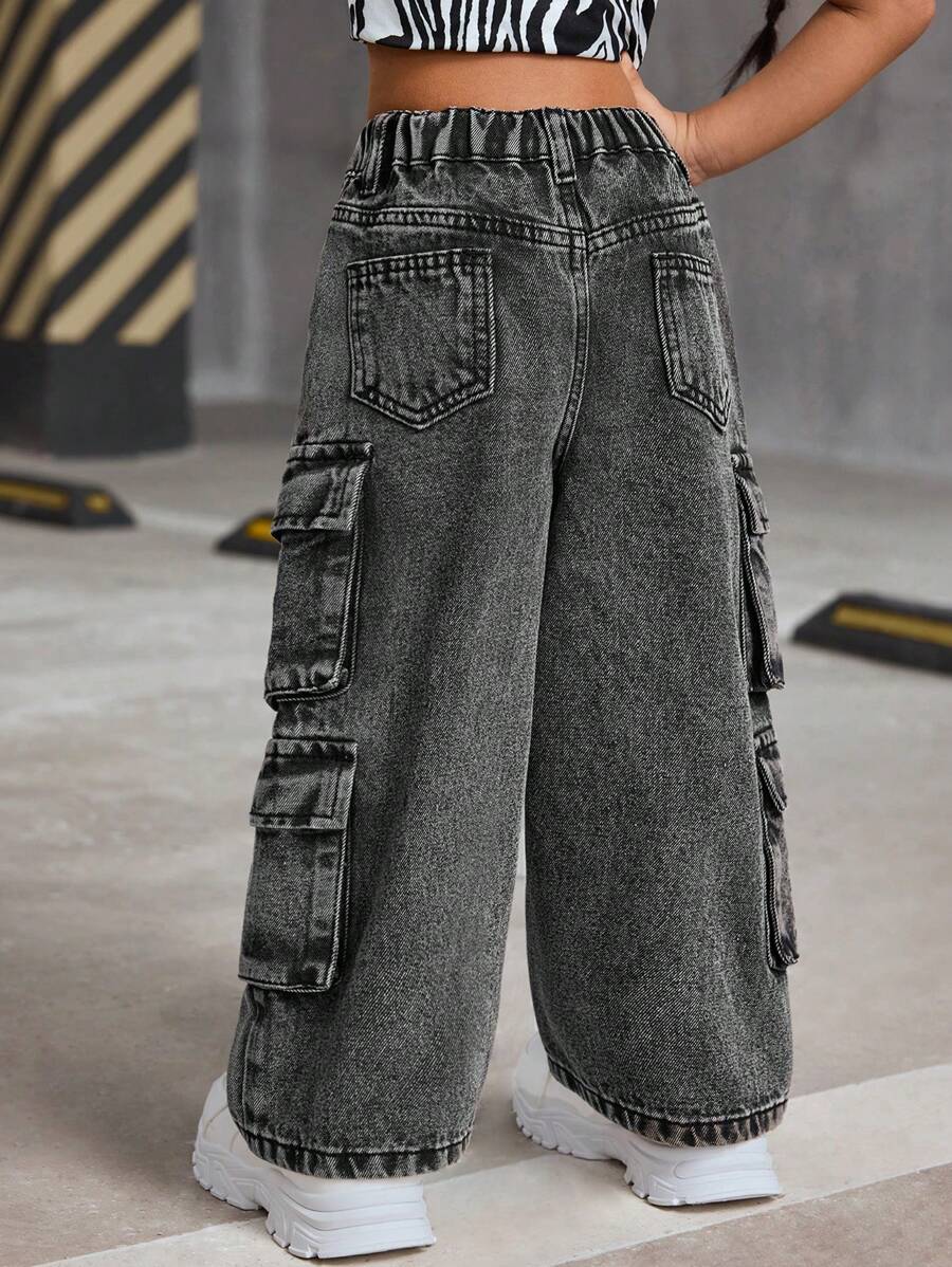 SHEIN Girls' Y2K Gray Denim Cargo Pocket Loose Wide-Leg Pants, Girl ...