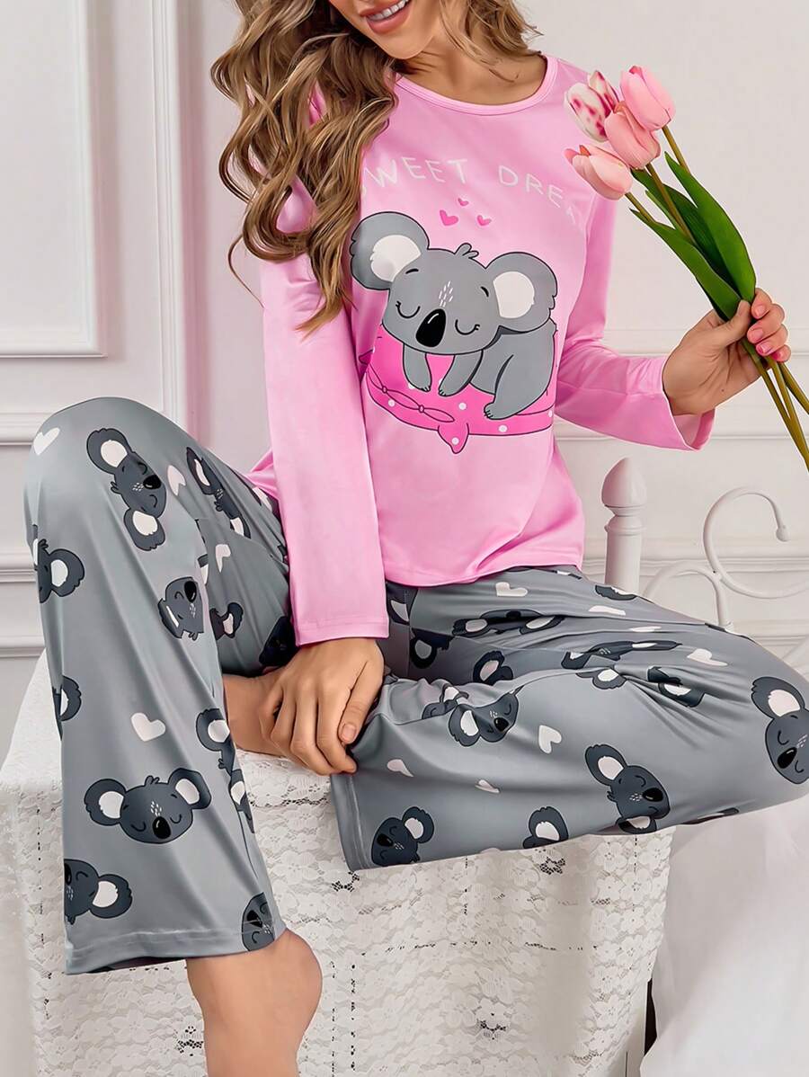 Ladies Cute Koala Print Long Sleeve Pajama Set For Fall | SHEIN UK