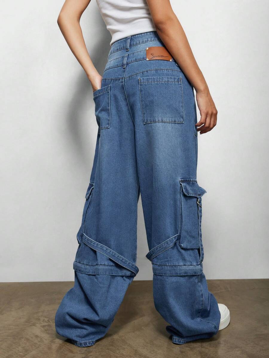 SUMWON WOMEN Street Straight Fit Double Waistband Utility Jean With ...