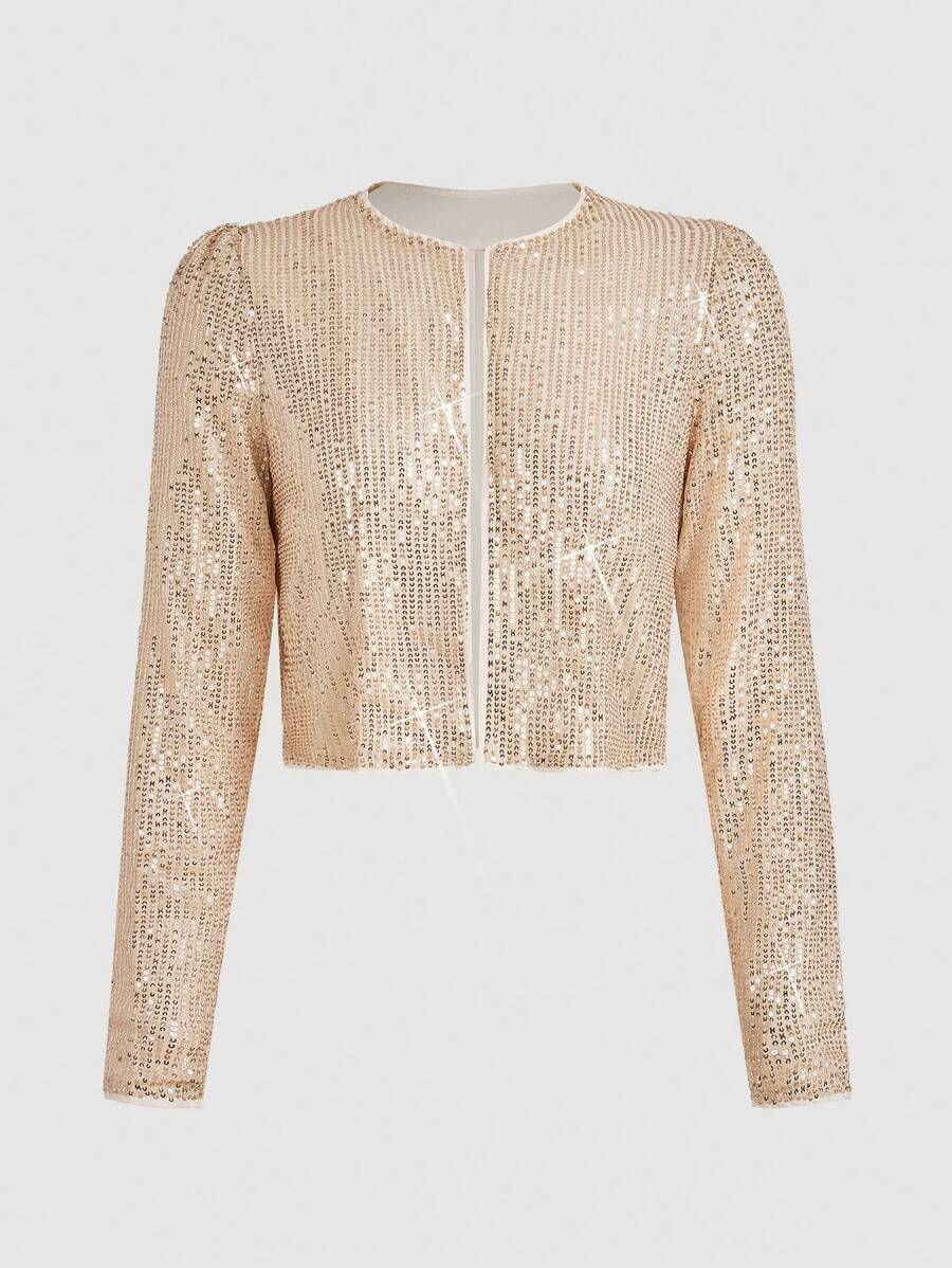 SHEIN Privé Women's Elegant Party Champagne/Apricot Sequin Puff Sleeve ...
