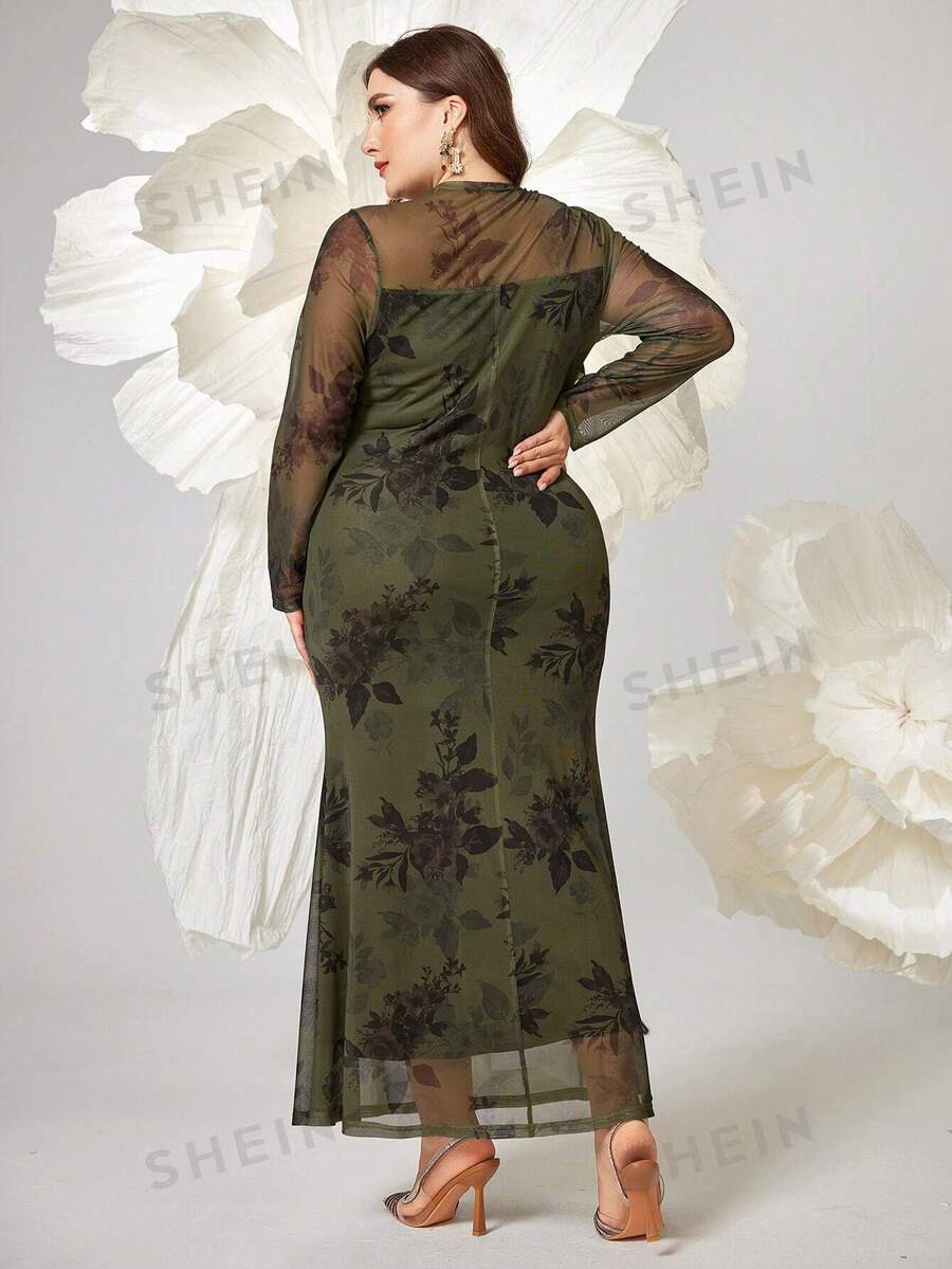 SHEIN Modely Vestido Sereia de Malha Elástica com Estampa e Cruzado na ...