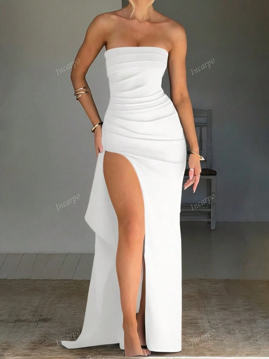 1pc Women's Fashion Sexy Solid Color Strapless Side Slit Hem Dress ...