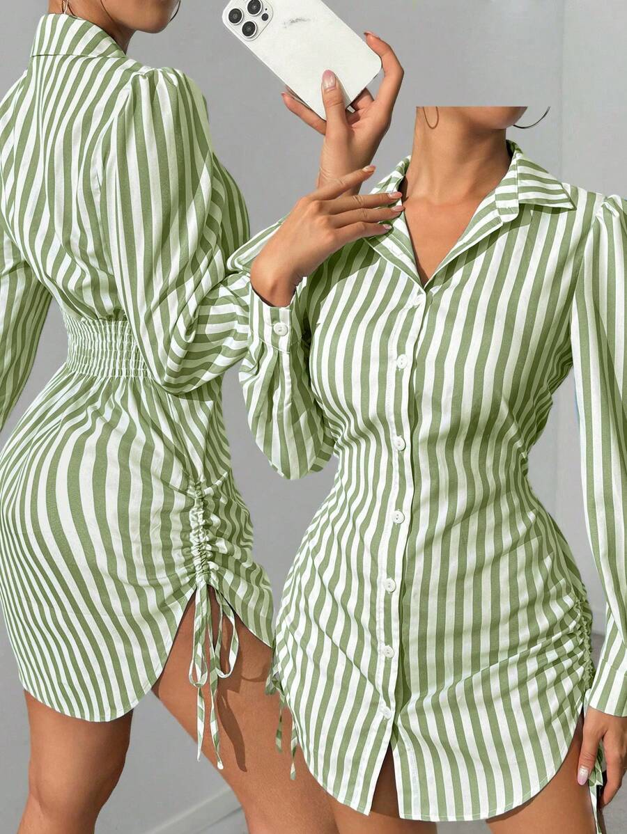 VaVaBold Long Sleeve Striped Side Drawstring Front Button Up Casual ...