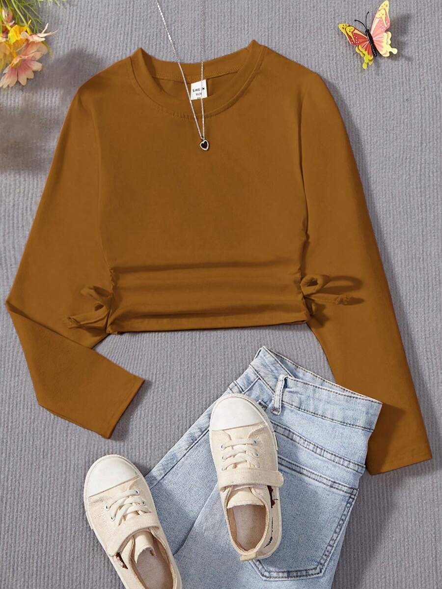 SHEIN Tween Girls Y2K Style Side Ruched Long Sleeve T-Shirt | SHEIN USA