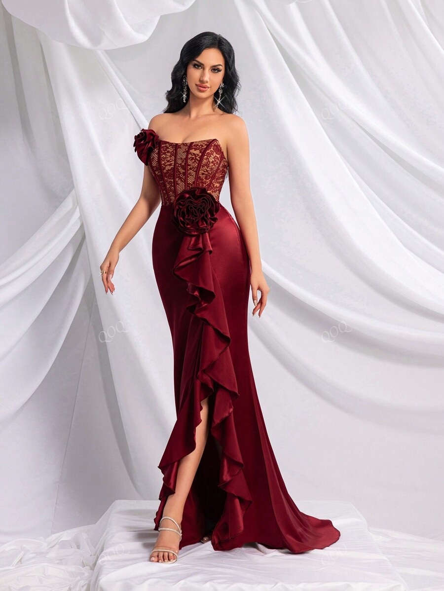 QOQ 3D Floral Decor Ruffle Trim Maxi Cocktail Dress, Elegancka formalna suknia wieczorowa, Dla ...