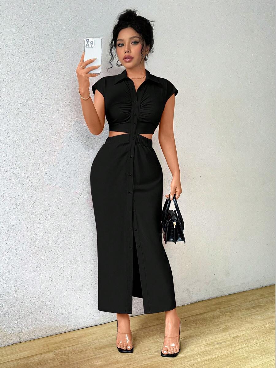 SHEIN Relaxiva Women's Short Sleeve Pleated Slit Solid Color Elegant ...