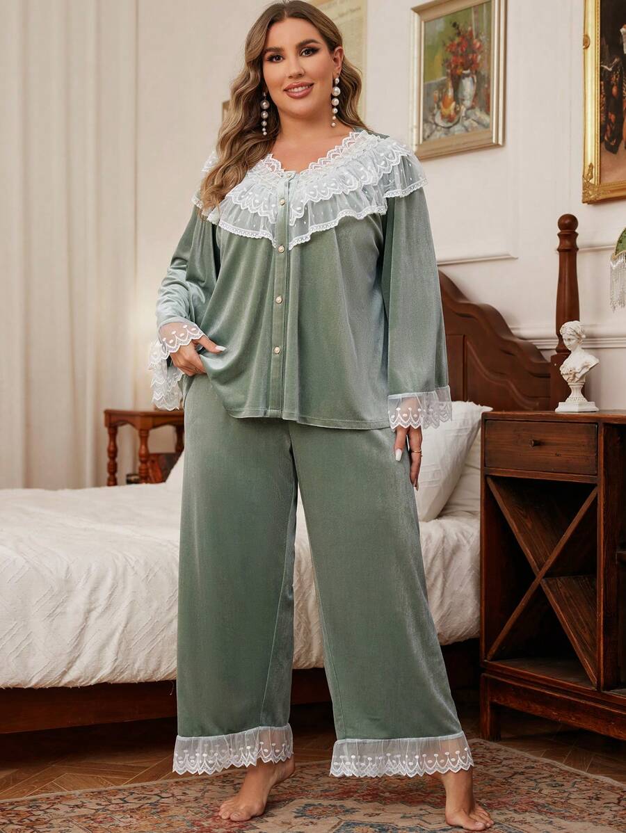Shein PalaceNights Luxury Lace Trim Velvet Sleepwear Set, Plus Size ...