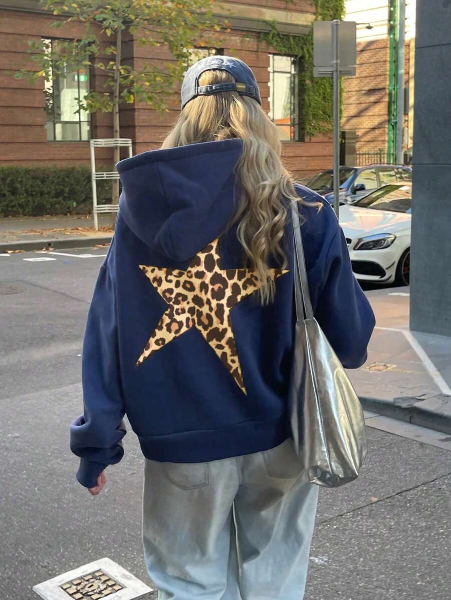 INAWLY Autumn New Women Fashion Leopard Print & Star Pattern Sweatshirt ...