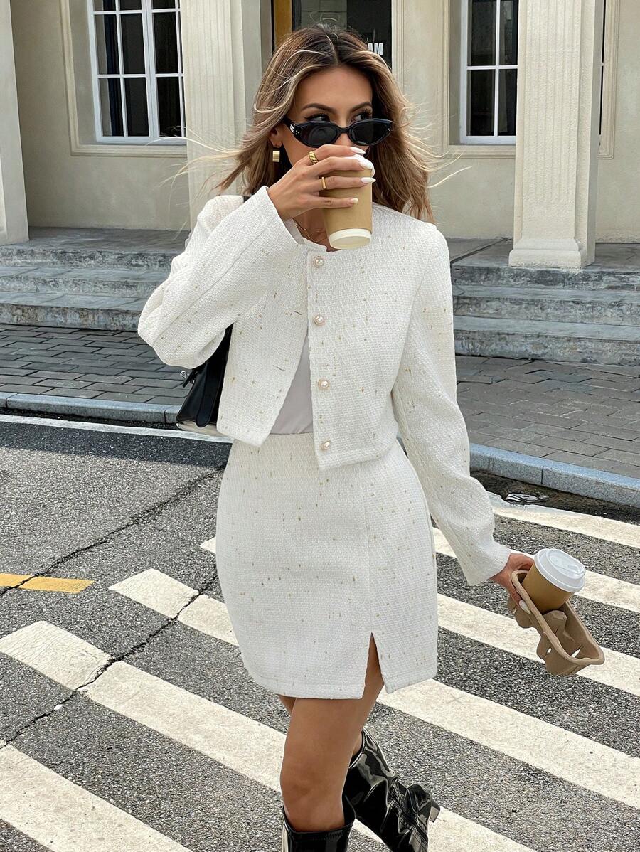 SHEIN Frenchy Women Tweed Short Jacket With Split Skirt Suit Set,Women ...