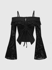 ROMWE Goth Women's Gothic Flocked Off-Shoulder Tight Fitting Flared ...
