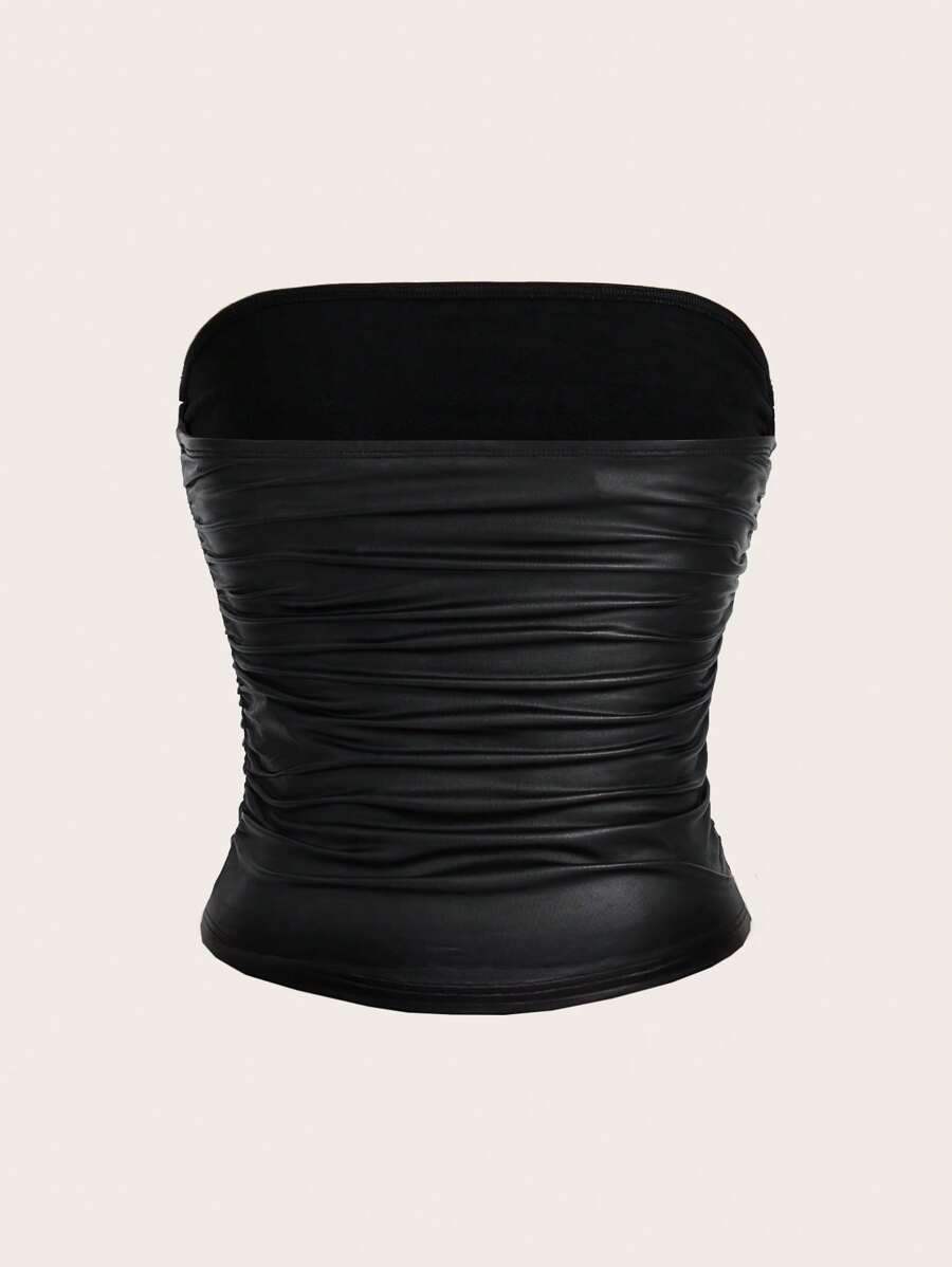 Shein Ezwear Plus Size Women High Elasticity Pu Material Ruched Black