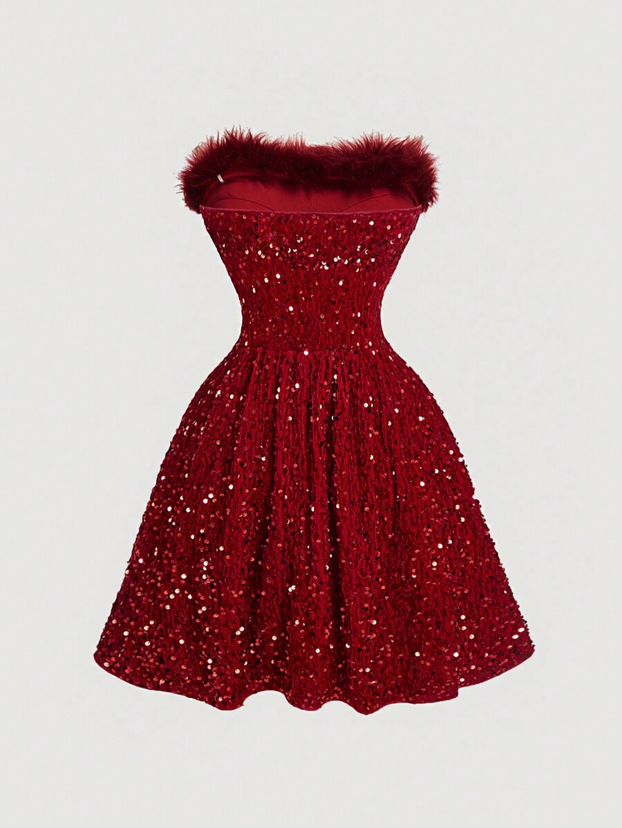 SHEIN MOD Red Vintage Royal Court Pearl Embroidered Dress With Fur ...