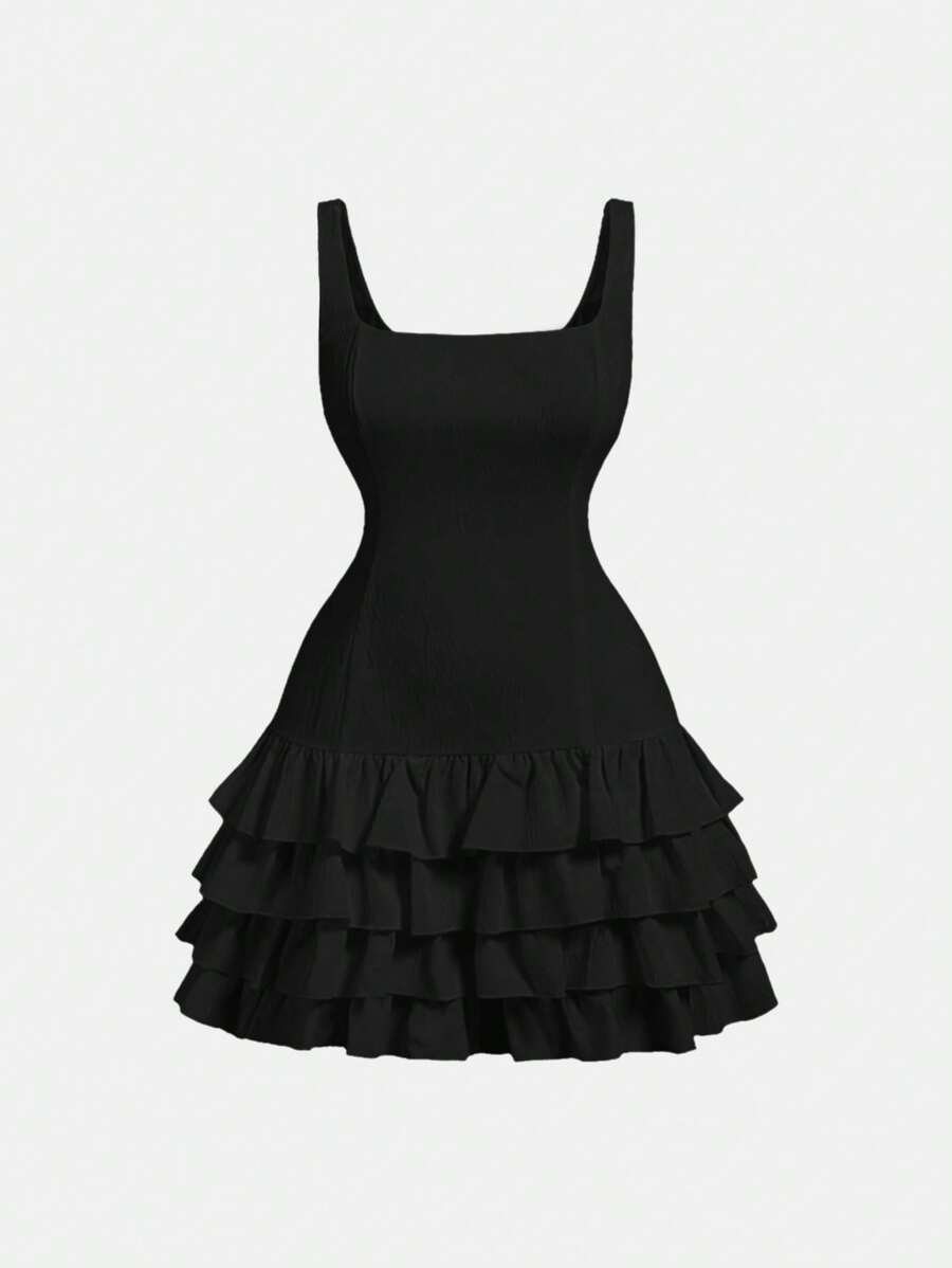 SHEIN MOD Plus Size White Cute Cake Ruffle Hem Tank Mini Dress , Black ...