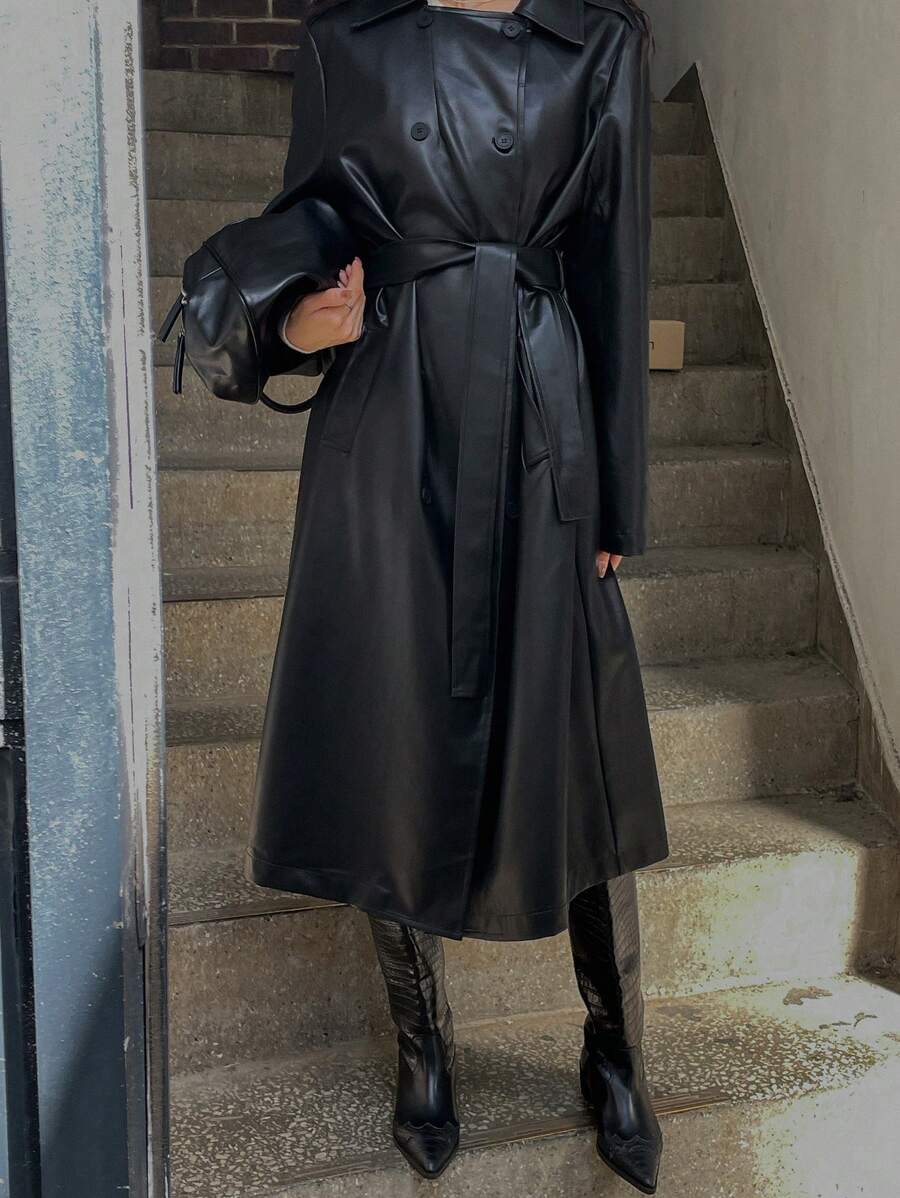 DAZY Damen Regelmäßige PU-Leder Lange Taillenjacke, Herbstkleidung ...