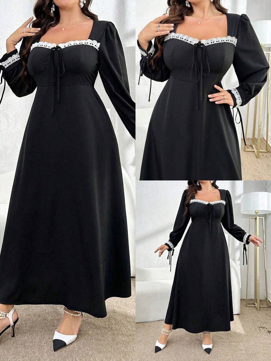Modelyn Plus Size Spring & Summer Contrast Lace Sweetheart Neck Puff ...