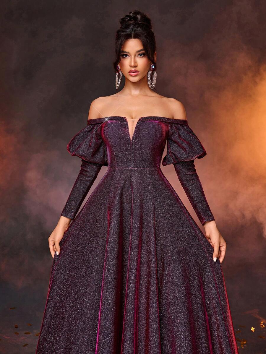 Glamrae Burgundy Red Elegant Sequined Off Shoulder Lantern Sleeve V-Neck High Waist Slim A-Line ...